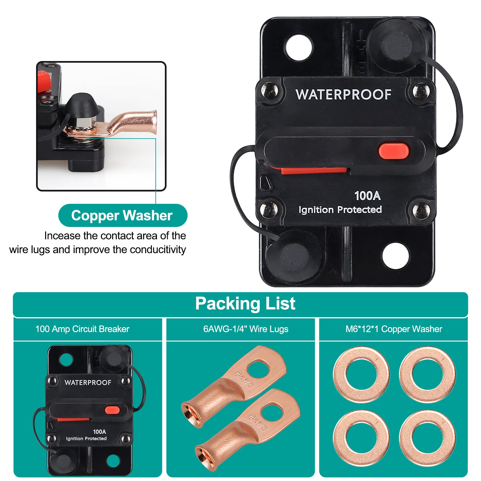 100 Amp Circuit Breaker,with Manual Reset,Waterproof, 12V-48V DC, 30-311A,for Car Marine Trolling Motors Boat ATV Manual Power Protect for Audio System Fuse