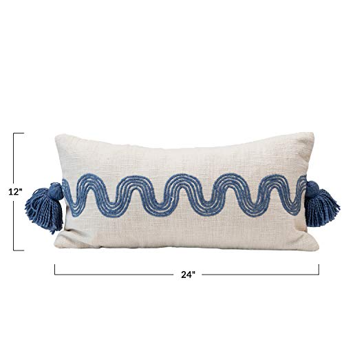 Creative Co-Op Cotton Lumbar Embroidered Curved Pattern & Tassels, Cream Color & Blue Pillow, Cream & Blie
