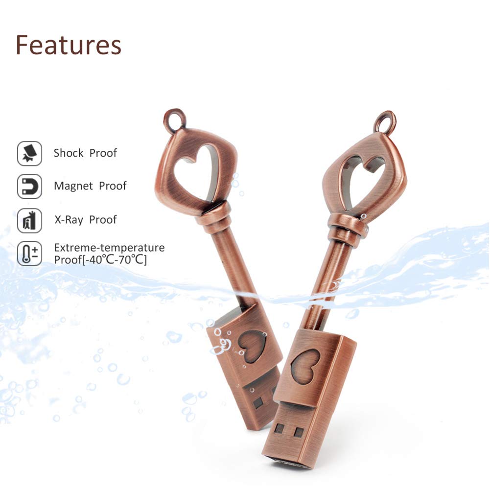 64GB USB 3.0 Flash Drive, BorlterClamp Memory Stick Retro Metal Love Heart Key Shaped USB Drive Thumb Drive