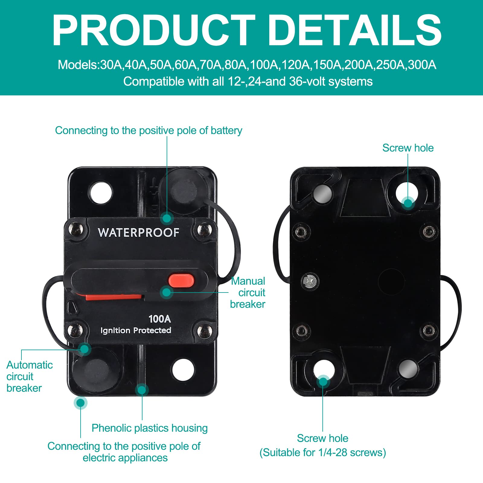 100 Amp Circuit Breaker,with Manual Reset,Waterproof, 12V-48V DC, 30-311A,for Car Marine Trolling Motors Boat ATV Manual Power Protect for Audio System Fuse