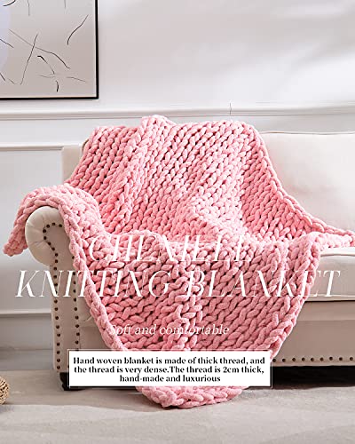 SPAOMY Chunky Knit Blanket Chenille Handmade Throw Blanket Cozy Warm Blanket for Bed Couch Home Decor(60x60 in,Pink)
