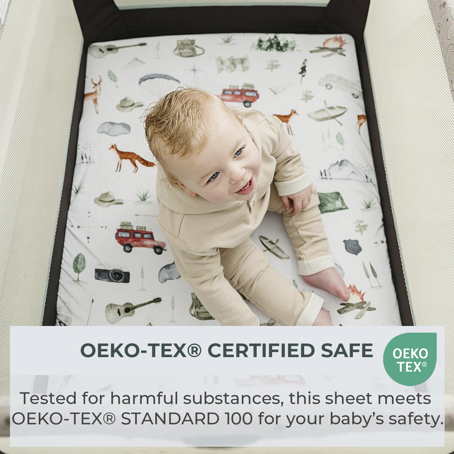 Pobibaby - 2 Pack Premium Pack N Play Sheets Fitted for Standard Pack and Plays and Mini Cribs - Ultra-Soft Cotton Blend, Stylish Woodland Pattern, Safe and Snug for Baby (Explore)