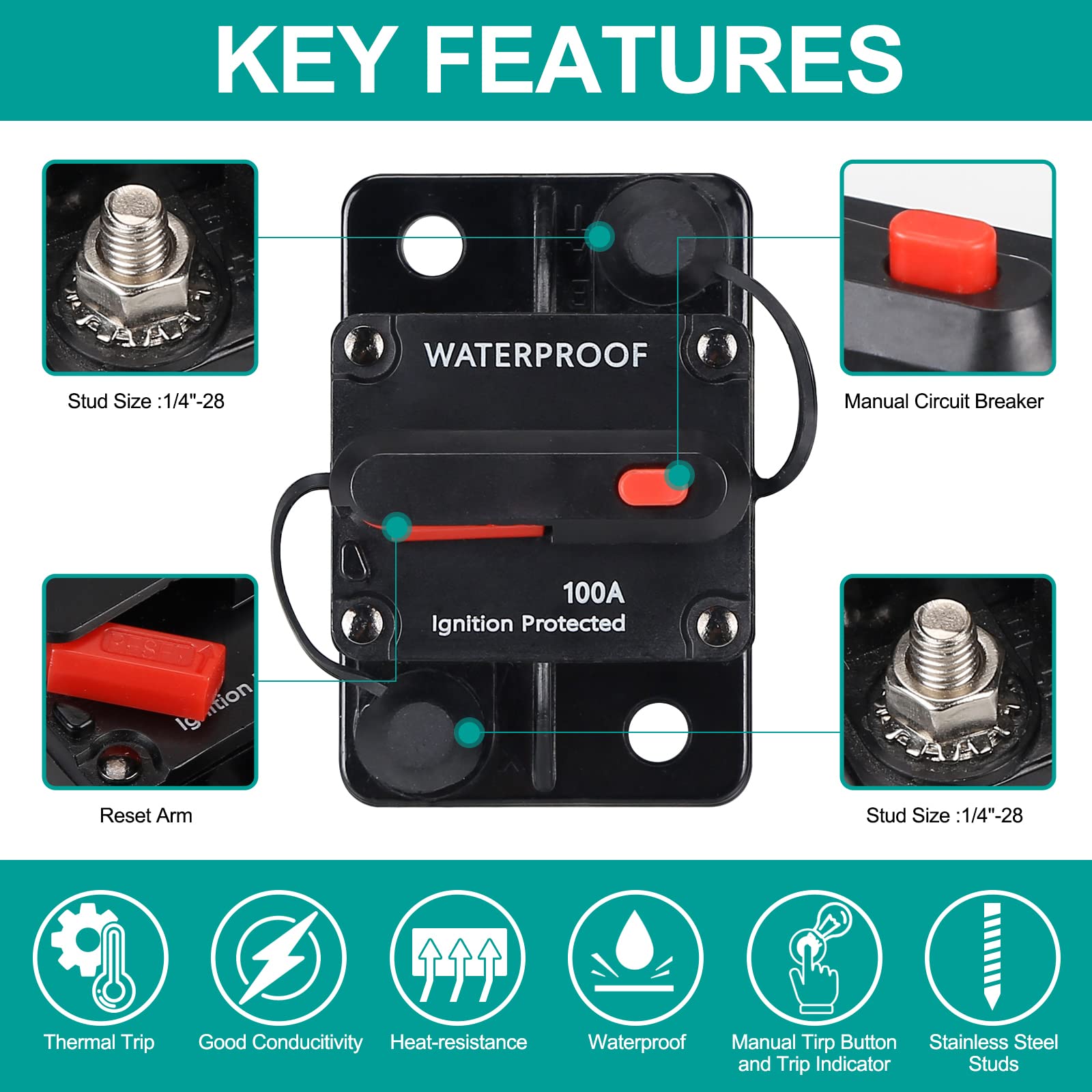 100 Amp Circuit Breaker,with Manual Reset,Waterproof, 12V-48V DC, 30-311A,for Car Marine Trolling Motors Boat ATV Manual Power Protect for Audio System Fuse