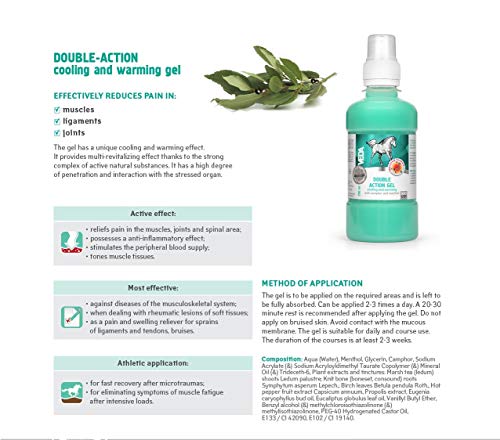 DOUBLE ACTION (Cooling and Warming Effect) Liniment Gel for Sore Muscles and Joints made with Camphor and Menthol for Horses. Effective Post Workout Recovery and Pre-Workout Leg and Spinal Care Rub