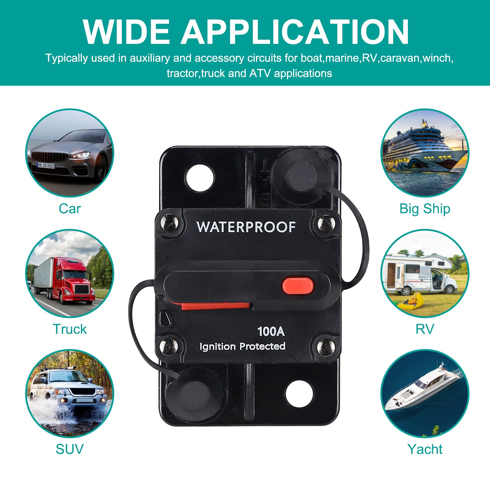 100 Amp Circuit Breaker,with Manual Reset,Waterproof, 12V-48V DC, 30-311A,for Car Marine Trolling Motors Boat ATV Manual Power Protect for Audio System Fuse