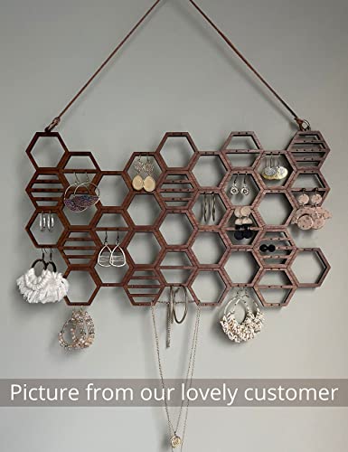 Heesch Hanging Earring Holder Honeycomb Earring Organizer Wall Mount Earring Display Wood Hanging Jewelry Organizer for Stud Earrings, Necklaces (Walnut)