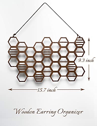 Heesch Hanging Earring Holder Honeycomb Earring Organizer Wall Mount Earring Display Wood Hanging Jewelry Organizer for Stud Earrings, Necklaces (Walnut)