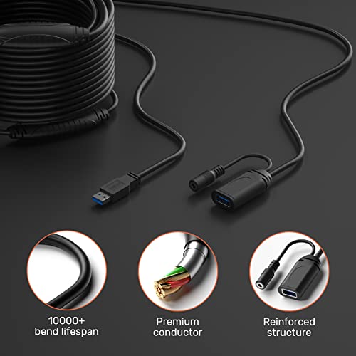 Alxum 50 Feet Active USB Extension Cable 3.0 Male to Female with 2 Extension chipsets Signal Booster, Long USB Extender Cord 15 Meters for Camera,Printer,Webcam,Telescope,Mouse,with 5V2A Power Adapter