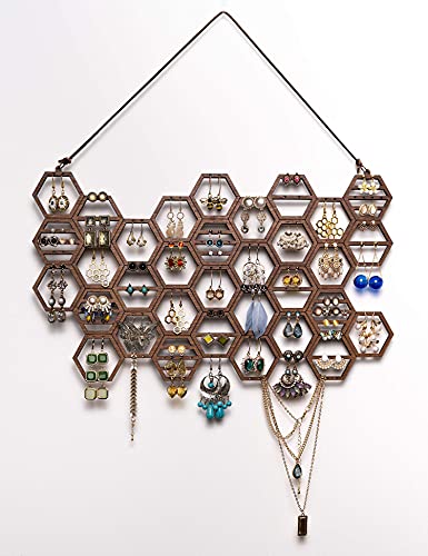 Heesch Hanging Earring Holder Honeycomb Earring Organizer Wall Mount Earring Display Wood Hanging Jewelry Organizer for Stud Earrings, Necklaces (Walnut)