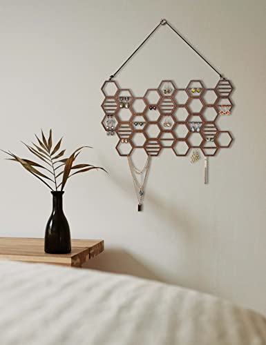 Heesch Hanging Earring Holder Honeycomb Earring Organizer Wall Mount Earring Display Wood Hanging Jewelry Organizer for Stud Earrings, Necklaces (Walnut)