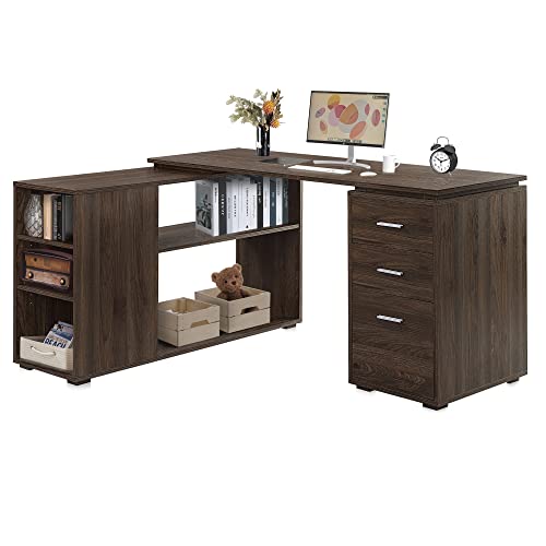 BELLEZE L Shaped Computer Desk, 60β Study Writing Table Home Office Desk Morden Corner Workstation Setup with Adjustable Storage Shelves and 3 Drawers, Dark Walnut