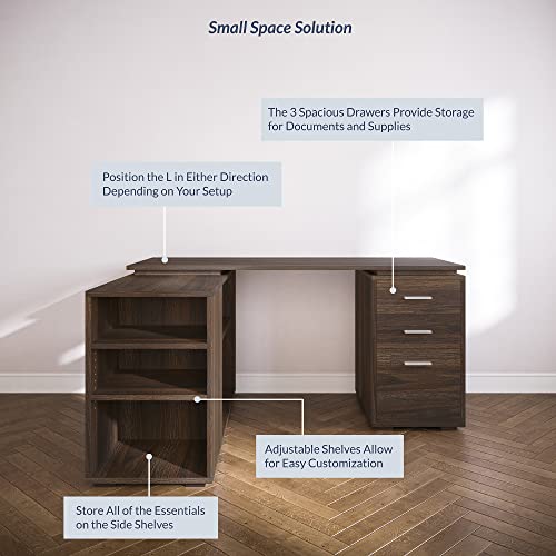 BELLEZE L Shaped Computer Desk, 60β Study Writing Table Home Office Desk Morden Corner Workstation Setup with Adjustable Storage Shelves and 3 Drawers, Dark Walnut