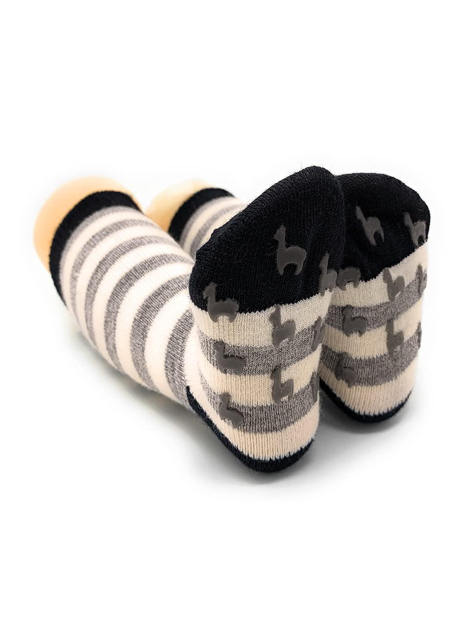 WARRIOR ALPACA SOCKS - Children's Baby Alpaca Wool Toddler Socks, Fun Stripes with Non-Skid Alpaca Appliqués 1 PAIR (12-24 Months, Grey Stripe/Black)