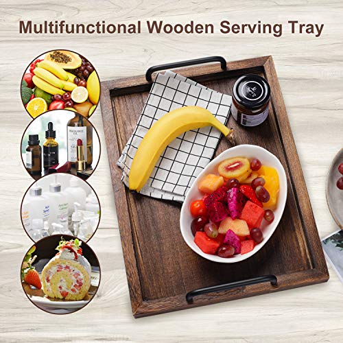 LIBWYS Rustic Wooden Serving Trays with Handle-Set of 2-DecorativeĀ Nesting Food Board Platters for Breakfast, Coffee Table/Butler (Large 15.8x11.8x1.2 inches, Small 13.4x9.4 x1.2 inches)