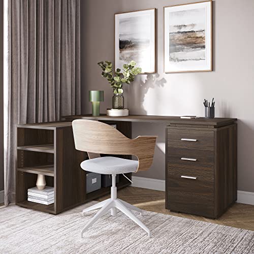BELLEZE L Shaped Computer Desk, 60β Study Writing Table Home Office Desk Morden Corner Workstation Setup with Adjustable Storage Shelves and 3 Drawers, Dark Walnut