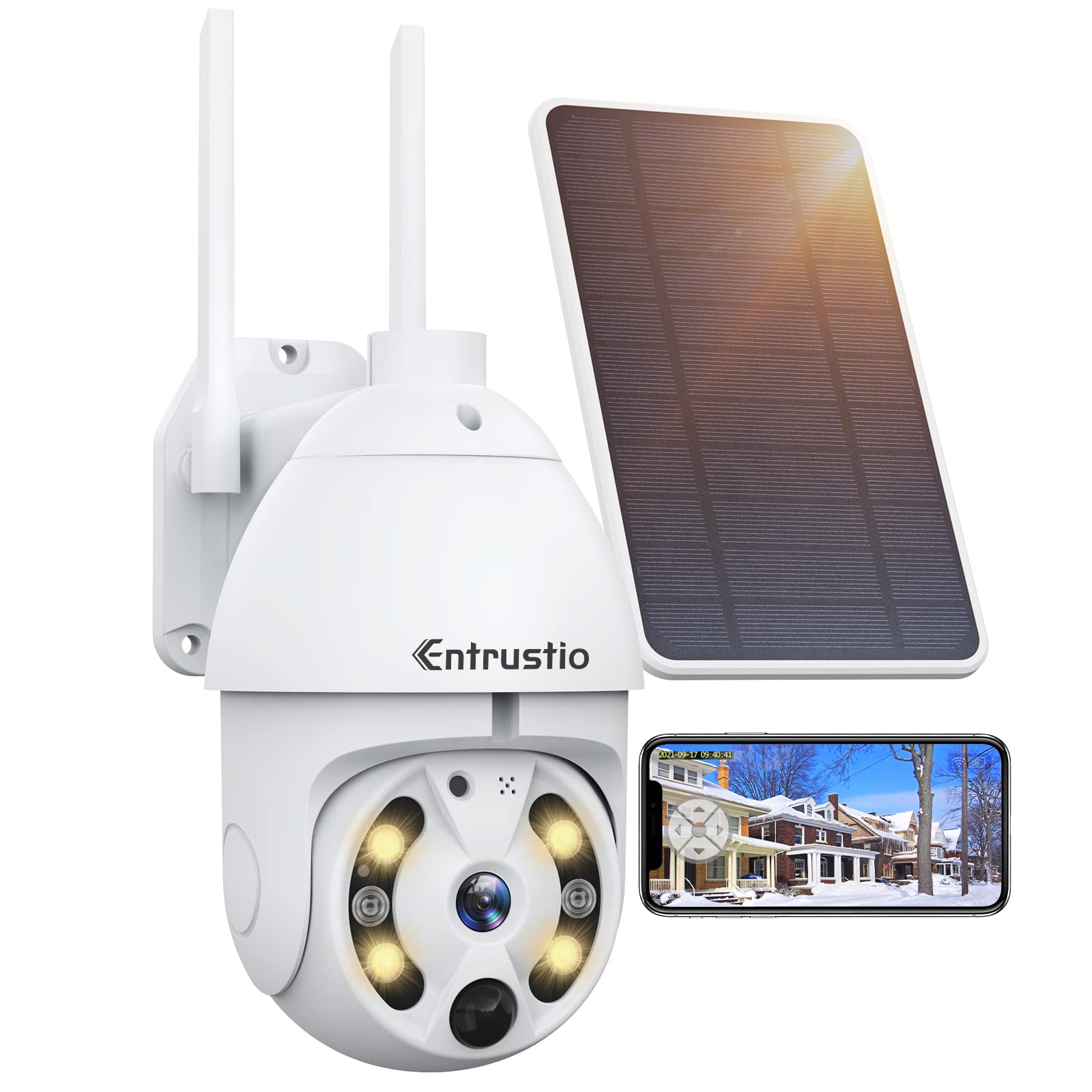 Entrustio Solar Security Cameras Wireless Outdoor,20000mAh Battery Powered Camera,2.4G WiFi Surveillance Home Camera with Phone APP,IP66 Waterproof,Color Night Vision,2-Way Talk