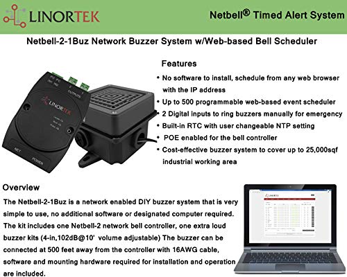 Linortek Netbell-2-1Buz TCP/IP Network Enabled Controller with One 4” Extra Loud Buzzer for Industrial Factory Warehouse Lunch Break Time Alert System w/Web-Based scheduling Software