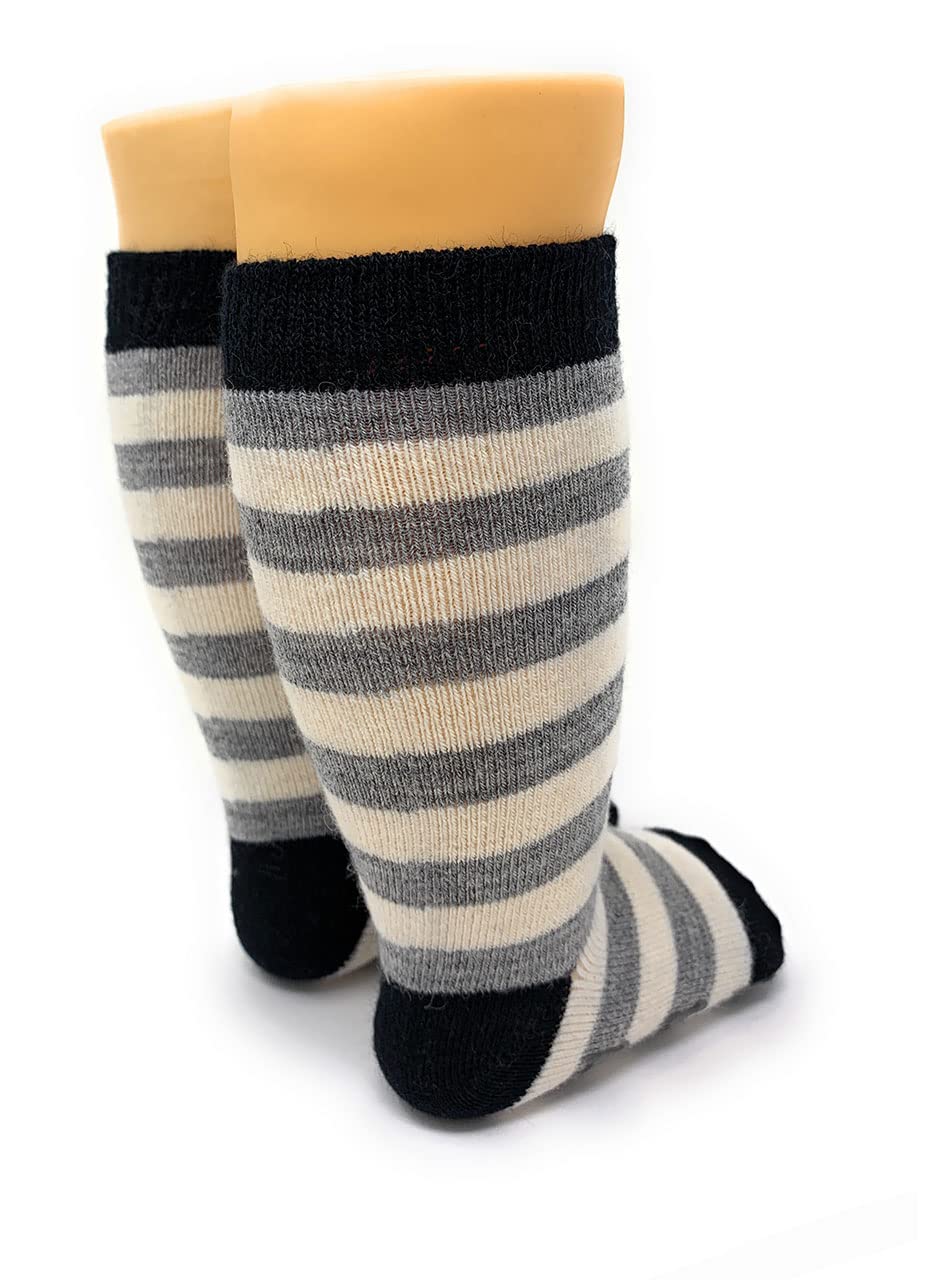 WARRIOR ALPACA SOCKS - Children's Baby Alpaca Wool Toddler Socks, Fun Stripes with Non-Skid Alpaca Appliqués 1 PAIR (12-24 Months, Grey Stripe/Black)