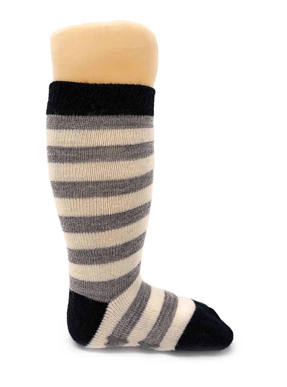 WARRIOR ALPACA SOCKS - Children's Baby Alpaca Wool Toddler Socks, Fun Stripes with Non-Skid Alpaca Appliqués 1 PAIR (12-24 Months, Grey Stripe/Black)