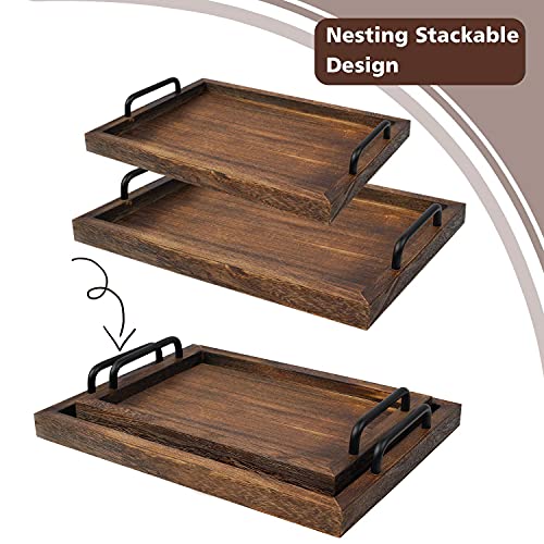 LIBWYS Rustic Wooden Serving Trays with Handle-Set of 2-DecorativeĀ Nesting Food Board Platters for Breakfast, Coffee Table/Butler (Large 15.8x11.8x1.2 inches, Small 13.4x9.4 x1.2 inches)