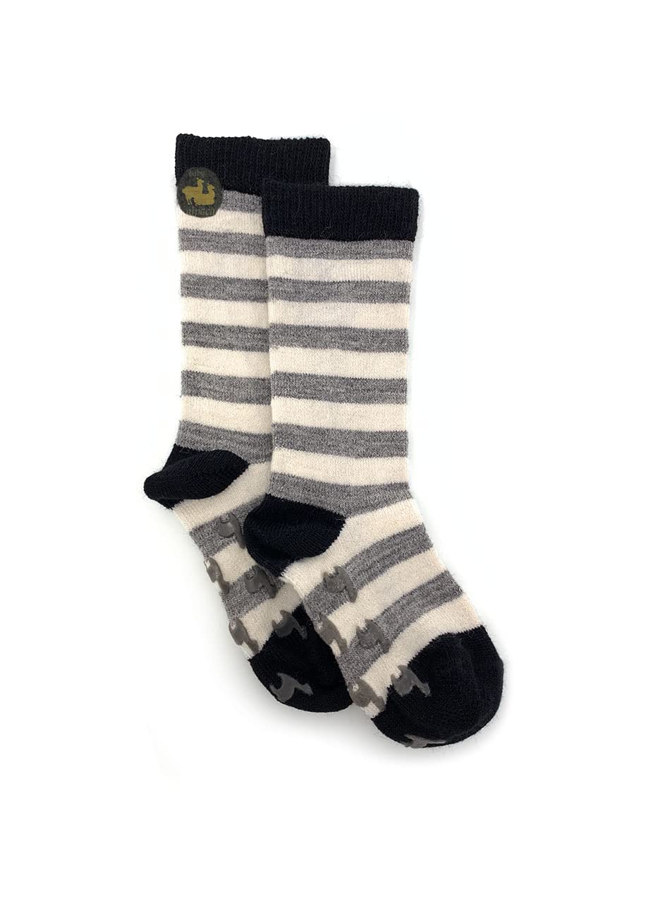WARRIOR ALPACA SOCKS - Children's Baby Alpaca Wool Toddler Socks, Fun Stripes with Non-Skid Alpaca Appliqués 1 PAIR (12-24 Months, Grey Stripe/Black)
