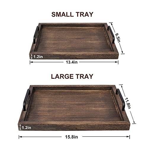 LIBWYS Rustic Wooden Serving Trays with Handle-Set of 2-DecorativeĀ Nesting Food Board Platters for Breakfast, Coffee Table/Butler (Large 15.8x11.8x1.2 inches, Small 13.4x9.4 x1.2 inches)