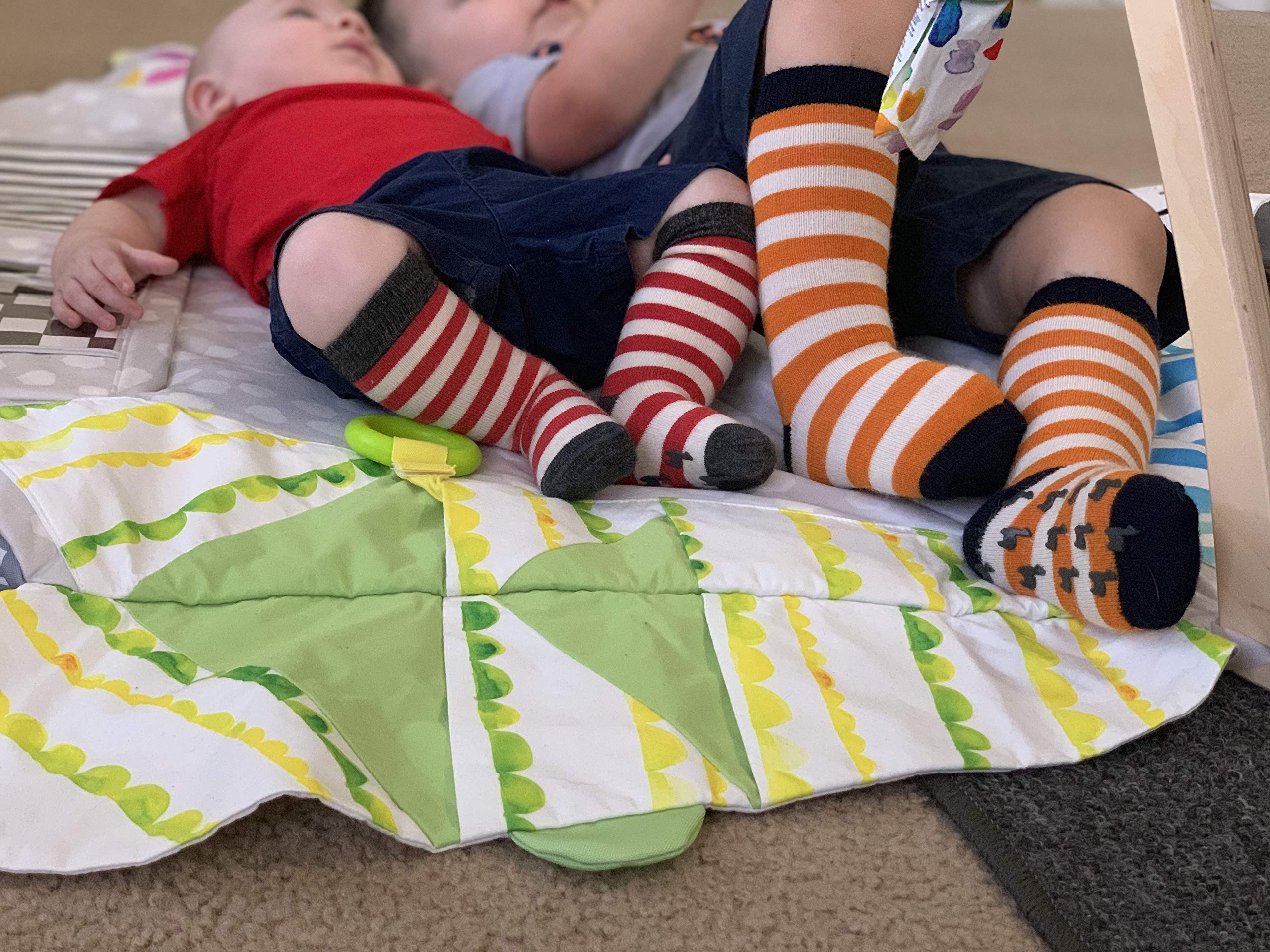 WARRIOR ALPACA SOCKS - Children's Baby Alpaca Wool Toddler Socks, Fun Stripes with Non-Skid Alpaca Appliqués 1 PAIR (12-24 Months, Grey Stripe/Black)