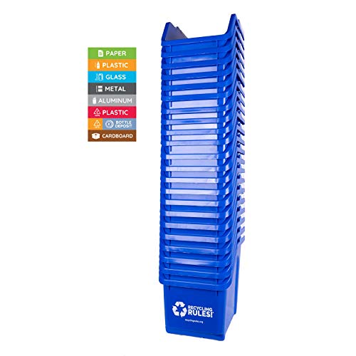 Recycling Rules 6 Gallon Stackable Recycling Bin Container in Blue, Eco-Friendly BPA-Free Handy Recycler with Handle, 20-Pack with Stickers