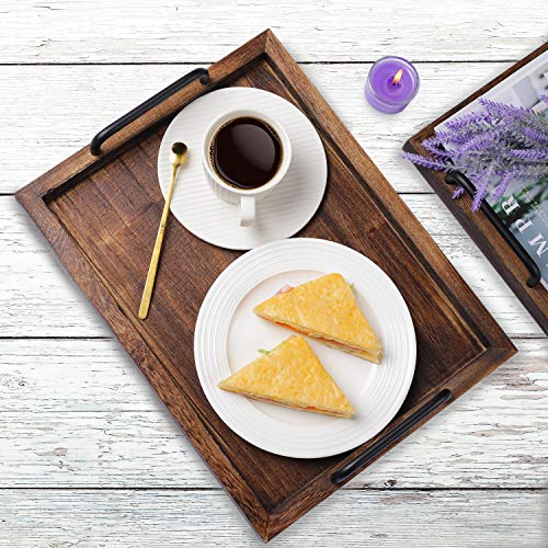 LIBWYS Rustic Wooden Serving Trays with Handle-Set of 2-DecorativeĀ Nesting Food Board Platters for Breakfast, Coffee Table/Butler (Large 15.8x11.8x1.2 inches, Small 13.4x9.4 x1.2 inches)