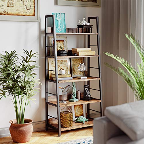 IRONCK Industrial Bookshelves and Bookcases, Ladder Shelf 5 Tier with Metal Frame for Living Room, Home Office, Rustics Brown