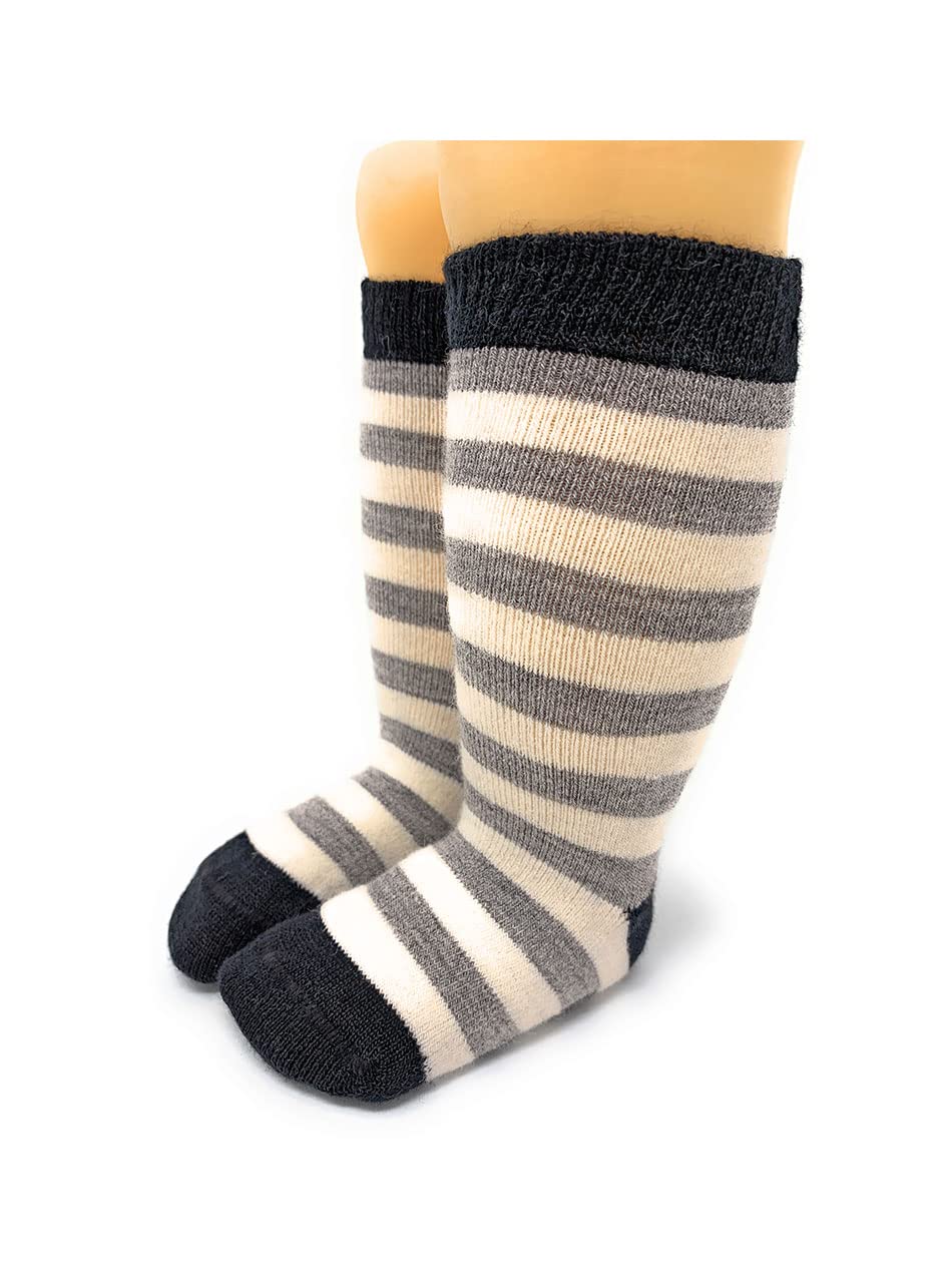 WARRIOR ALPACA SOCKS - Children's Baby Alpaca Wool Toddler Socks, Fun Stripes with Non-Skid Alpaca Appliqués 1 PAIR (12-24 Months, Grey Stripe/Black)