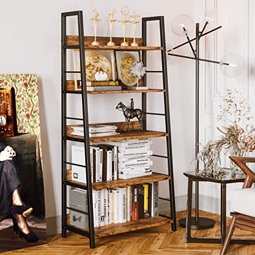 IRONCK Industrial Bookshelves and Bookcases, Ladder Shelf 5 Tier with Metal Frame for Living Room, Home Office, Rustics Brown