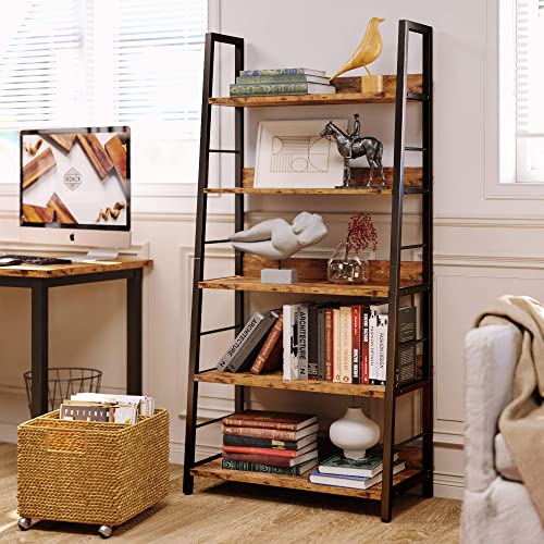 IRONCK Industrial Bookshelves and Bookcases, Ladder Shelf 5 Tier with Metal Frame for Living Room, Home Office, Rustics Brown