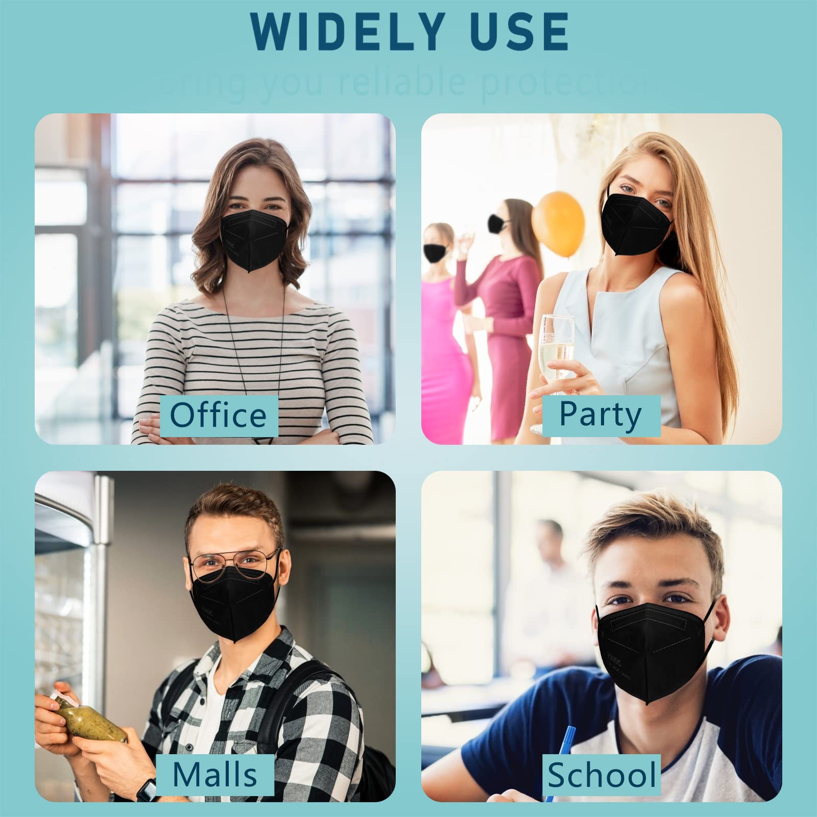 ChiSip Kn95 Face Masks 50 pack, Individually Wrapped Cup Dust Safety Masks 5 Layer Protection Mask for Adult, Men, Women, Indoor, Outdoor Use, Black