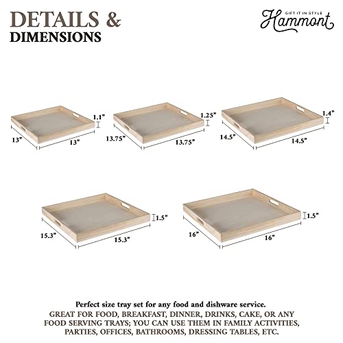 Hammont Wooden Square Nested Serving Trays (Largest Tray is 16") 5 Piece Set of Wood Trays for Crafts with Cut Out Handles | Kitchen Nesting Trays for Serving Pastries, Snacks, Mini Bars, Chocolate
