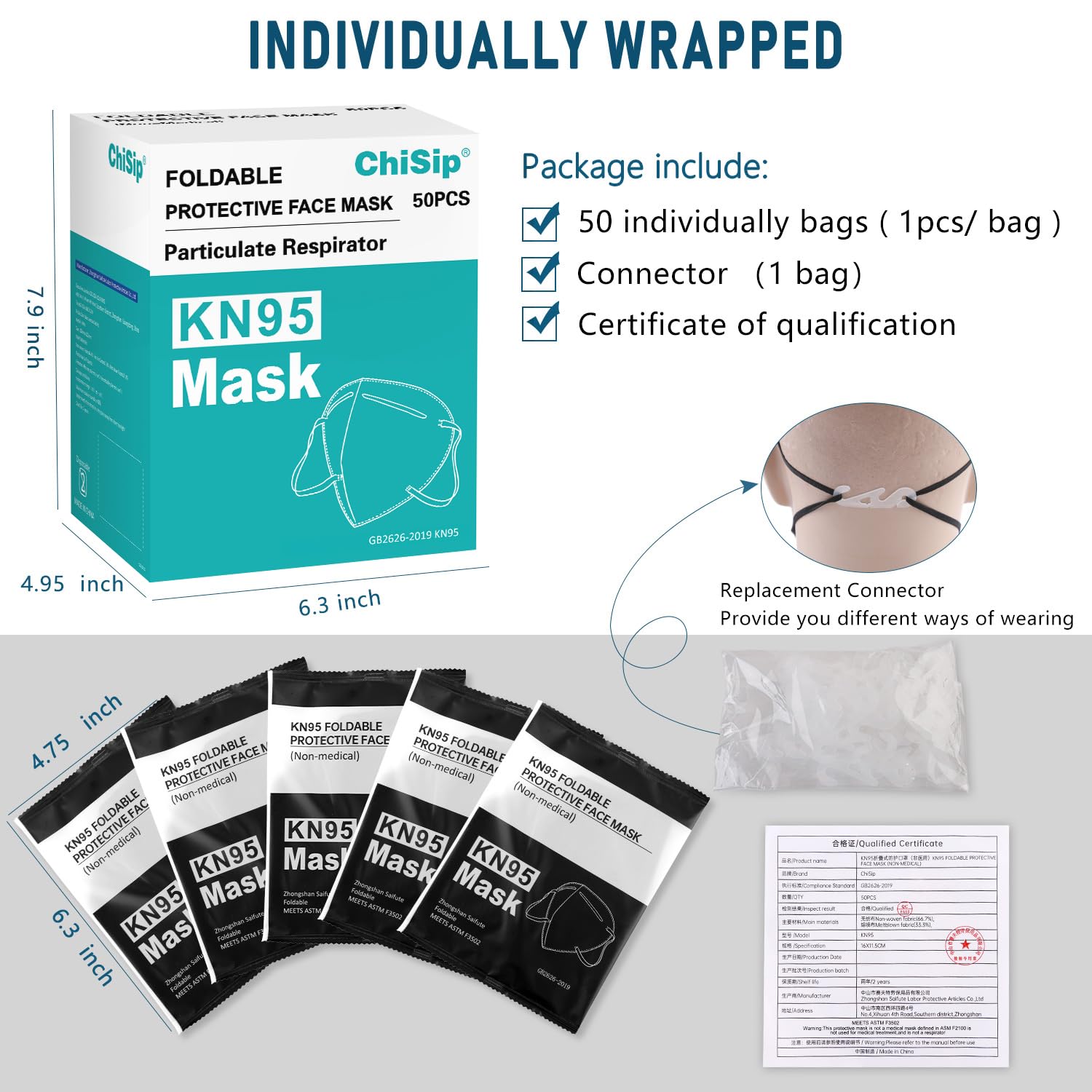 ChiSip Kn95 Face Masks 50 pack, Individually Wrapped Cup Dust Safety Masks 5 Layer Protection Mask for Adult, Men, Women, Indoor, Outdoor Use, Black