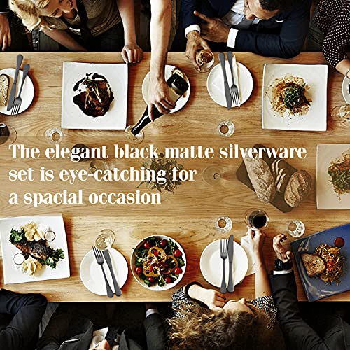 20-Piece Black Silverware Set with Tray, E-far Stainless Steel Flatware Cutlery Set Service for 4, Eating Utensils Tableware with Plastic Organizer for Home Kitchen, Matte Finished & Dishwasher safe