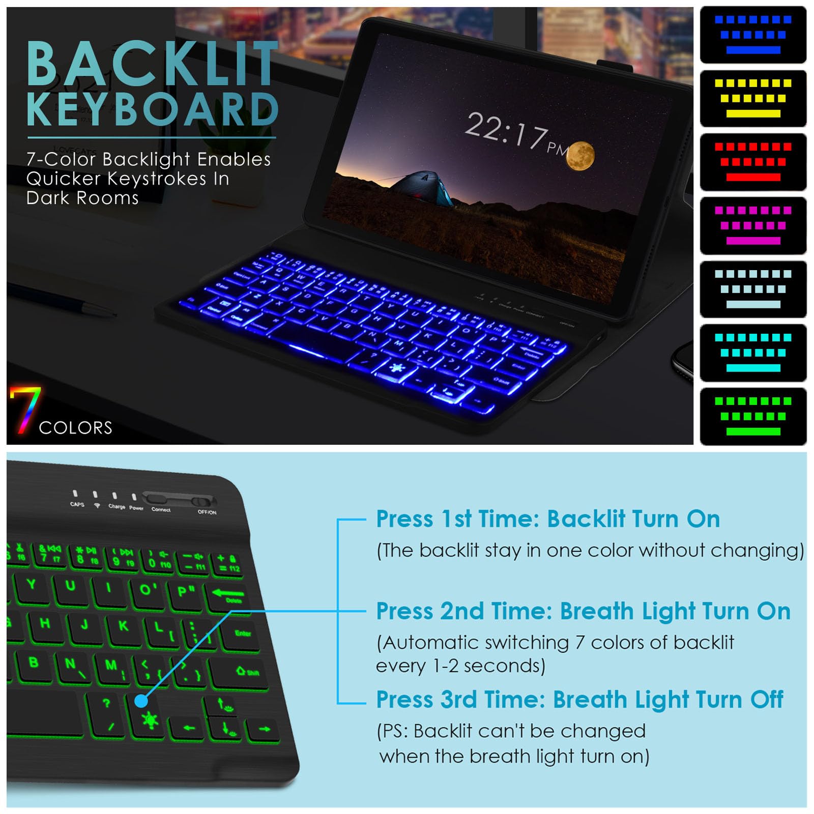 DETUOSI Backlit Keyboard Case for Samsung Galaxy Tab A7 Lite 8.7" 2021 (SM-T220/T227U) with S Pen Holder, 3 Viewing Angles Folio Leather Book Cover with Magnetic Closure + Wireless Keyboard Detachable