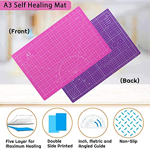 A3 Self Healing Cutting Mat, 18" x 12" Double Sided 5-Layer Non-Slip Cutting Board for Sewing, Hobby, DIY, Quilting, Arts and Crafts Projects (Pink)