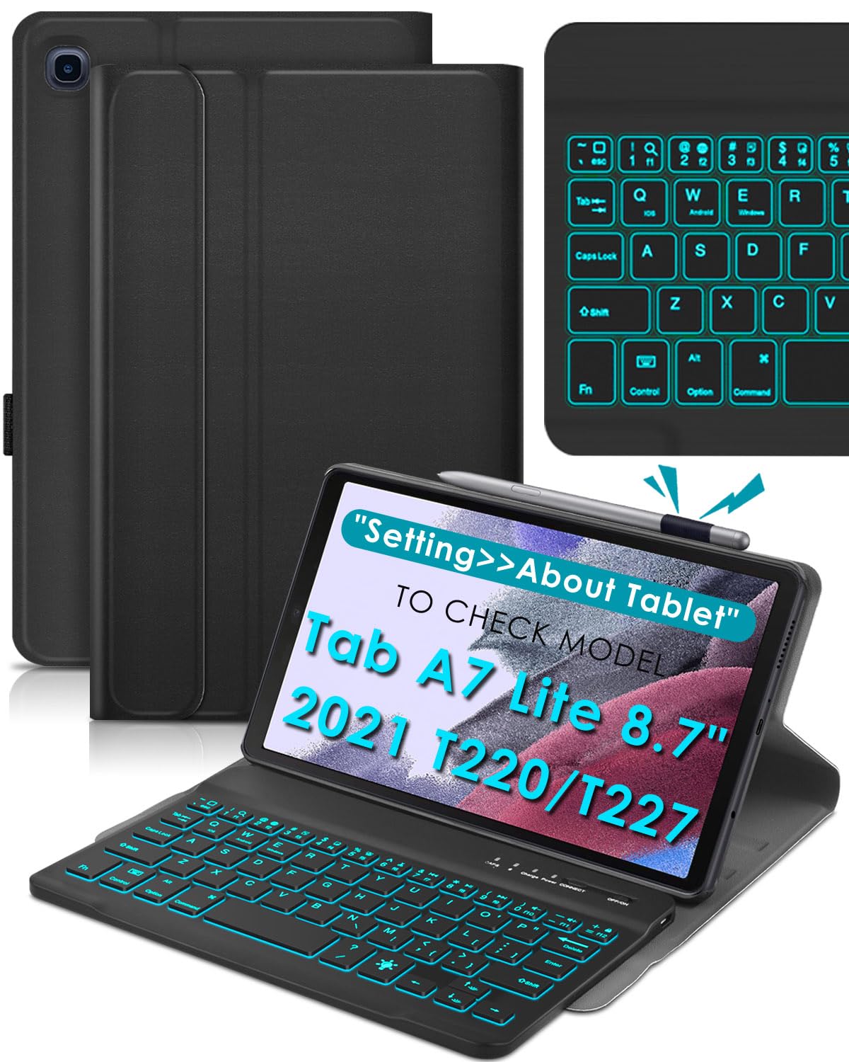 DETUOSI Backlit Keyboard Case for Samsung Galaxy Tab A7 Lite 8.7" 2021 (SM-T220/T227U) with S Pen Holder, 3 Viewing Angles Folio Leather Book Cover with Magnetic Closure + Wireless Keyboard Detachable