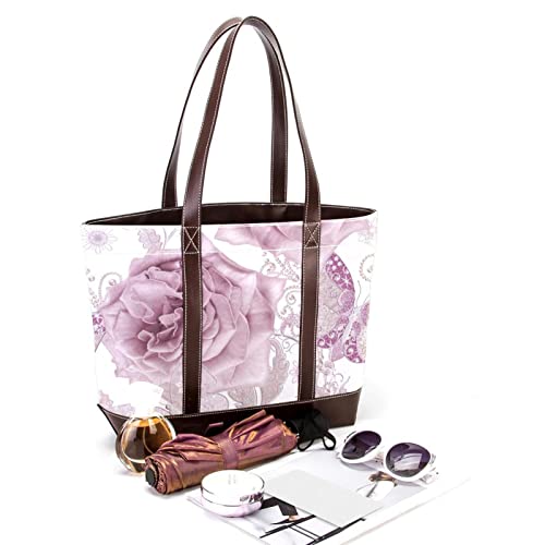 Women's Large Size Canvas Shoulder Bag Hobo Crossbody Handbag Casual Tote, Retro Purple Rose Butterfly Floral