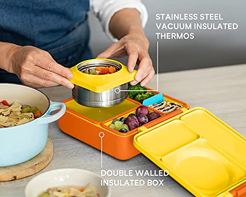 OmieBox Bento Box for Kids Insulated Bento Lunch Box with Leak Proof Thermos Food Jar, 3 Compartments + Yellow Blue Utensil Set with Case