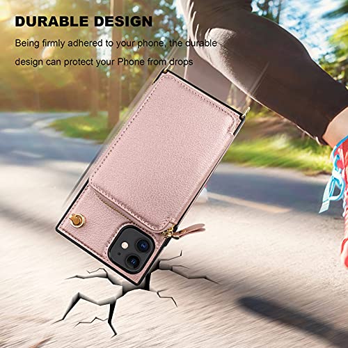 KIHUWEY iPhone 11 Crossbody Wallet Case PU Leather Wallet Case with Credit Card Holder Wrist Strap Kickstand Protective Lanyard Purse Cover Case for iPhone 11 6.1 Inch (Rose Gold)