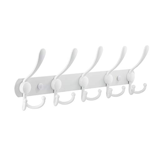 Coat Rack Wall Mounted, Coat Hanger Wall 5 Tri Hooks Heavy Duty Stainless Steel Coat Hook Rail for Coats Towels Purse Robes Keys and Hats(White)