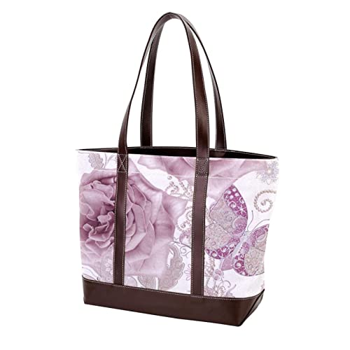Women's Large Size Canvas Shoulder Bag Hobo Crossbody Handbag Casual Tote, Retro Purple Rose Butterfly Floral