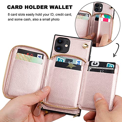 KIHUWEY iPhone 11 Crossbody Wallet Case PU Leather Wallet Case with Credit Card Holder Wrist Strap Kickstand Protective Lanyard Purse Cover Case for iPhone 11 6.1 Inch (Rose Gold)