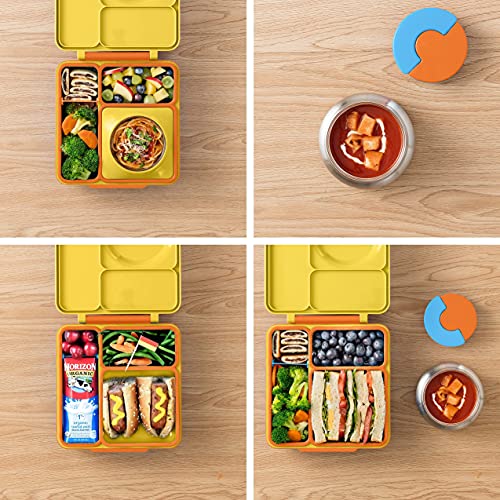 OmieBox Bento Box for Kids Insulated Bento Lunch Box with Leak Proof Thermos Food Jar, 3 Compartments + Yellow Blue Utensil Set with Case