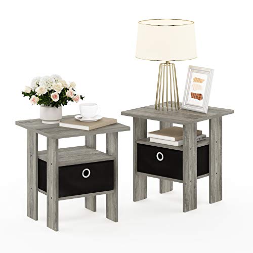 Furinno Simple Design End Table, 2-Pack, French Oak Grey/Black & Andrey Set of 2 End Table/Side Table/Night Stand/Bedside Table with Bin Drawer, French Oak Grey