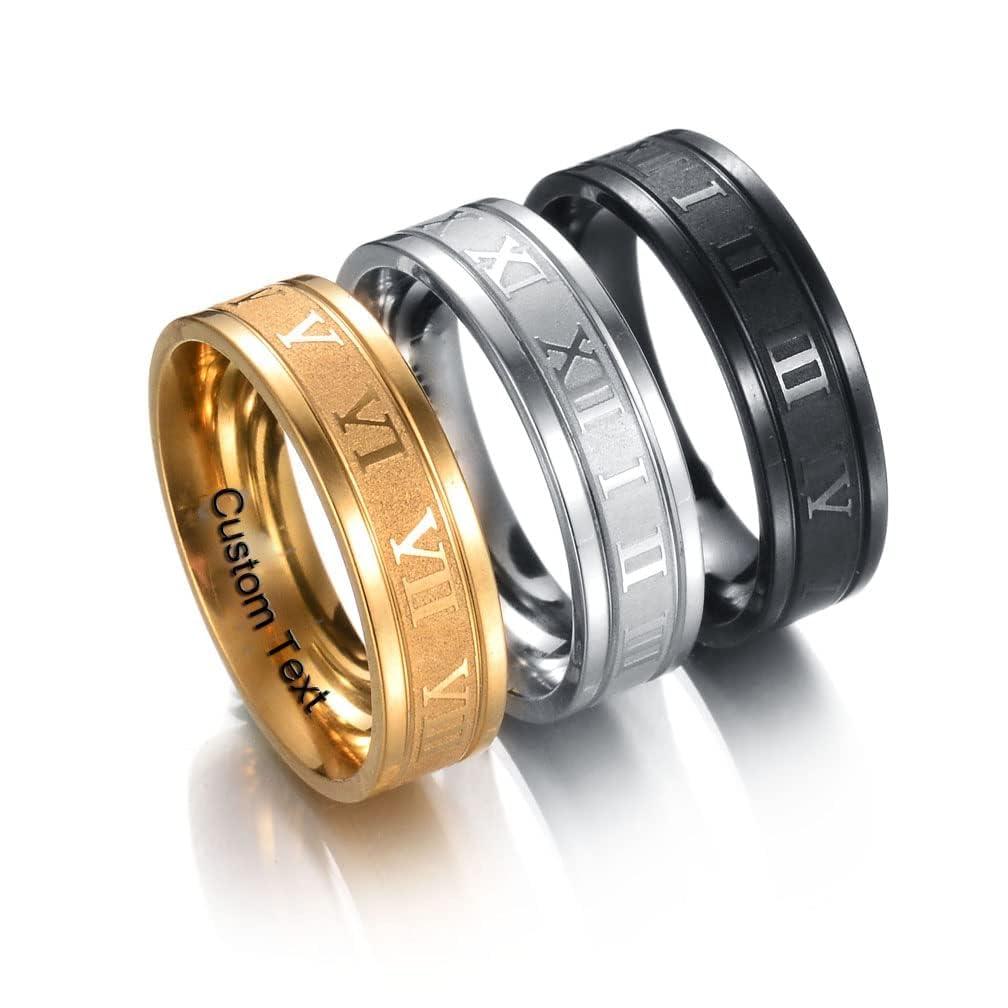 4EAELove Custom Roman Numeral Ring for Men Text Engraved Personalized Graduation for Women Men Thumb Stainless Steel 6mm Black Silver Gold