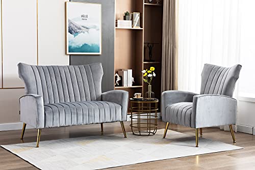Artechworks Tufted Contemporary Velvet Wingback HighBack Loveseat Sofa Chair Upholstered Couch with Gold Metal Legs Two-Seat Sofa for Living Room Bedroom Apartment Small Space Dorm, Grey